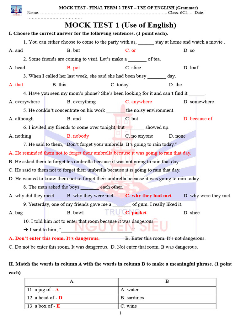 (6CI) MOCK TEST - FT2 (Use of English) - Test 1+2 - KEYS | PDF