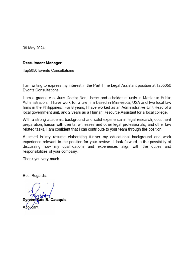 Cover Letter - Zyreen Kate B. Cataquis | PDF