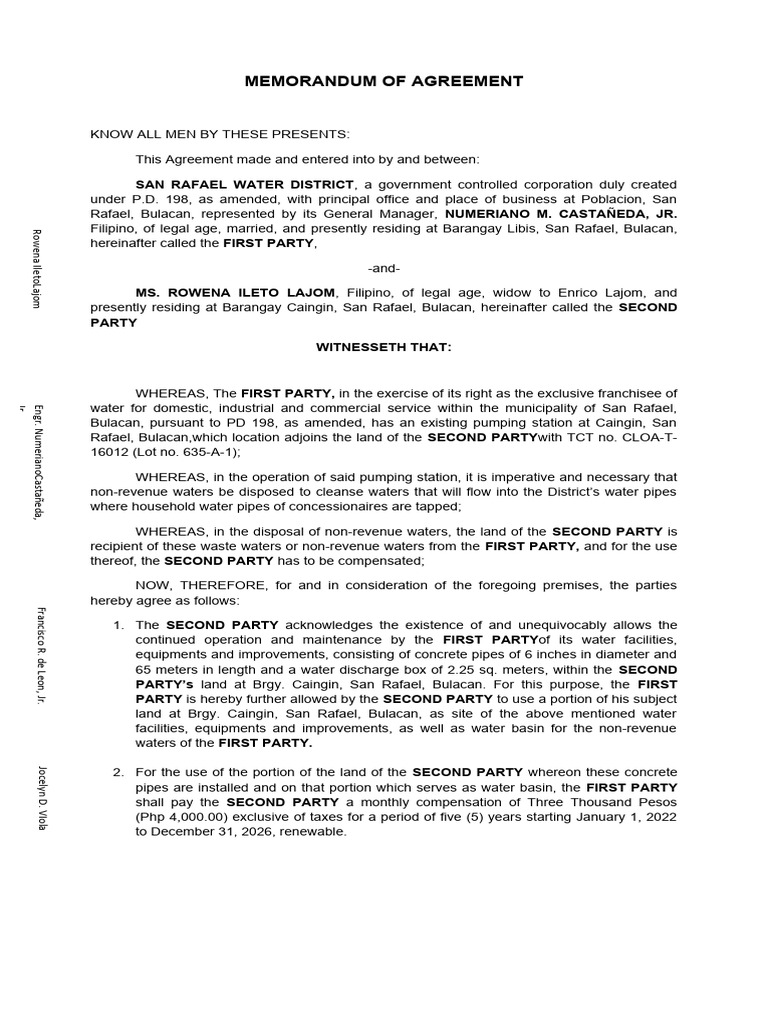 MOA BETWEEN SRWD - Rowena Ileto.01.2022 (5 Years) | PDF
