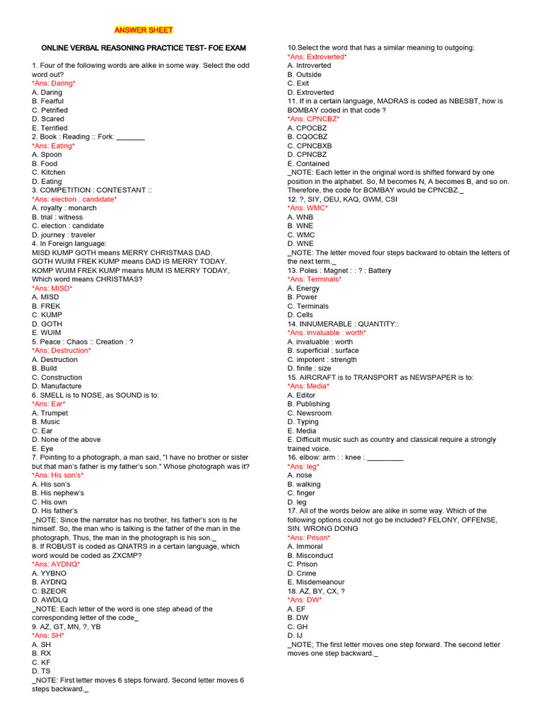 Online Verbal Reasoning Practice Test - Foe Exam | PDF