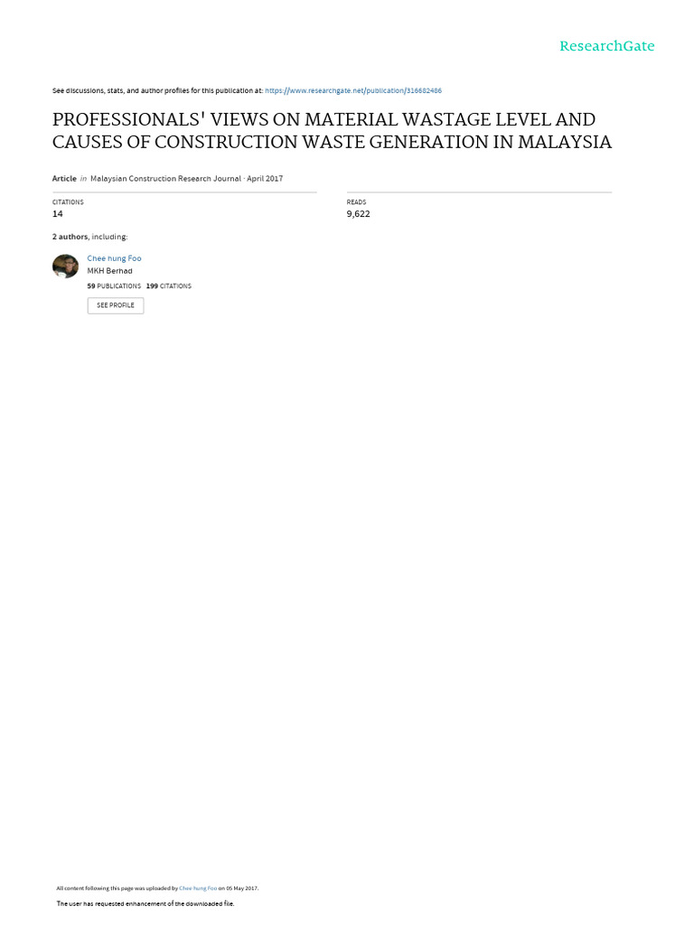 Professionals' Views On Material Wastage Level and Causes of ...