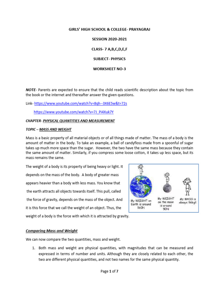 Class 7 Physics Work Sheet 3 | PDF | Weight | Mass
