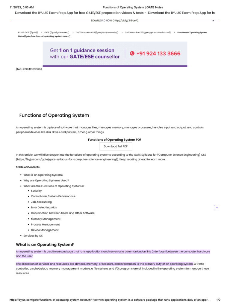 Functions Of Operating System Gate Notes Pdf Operating System Process Computing