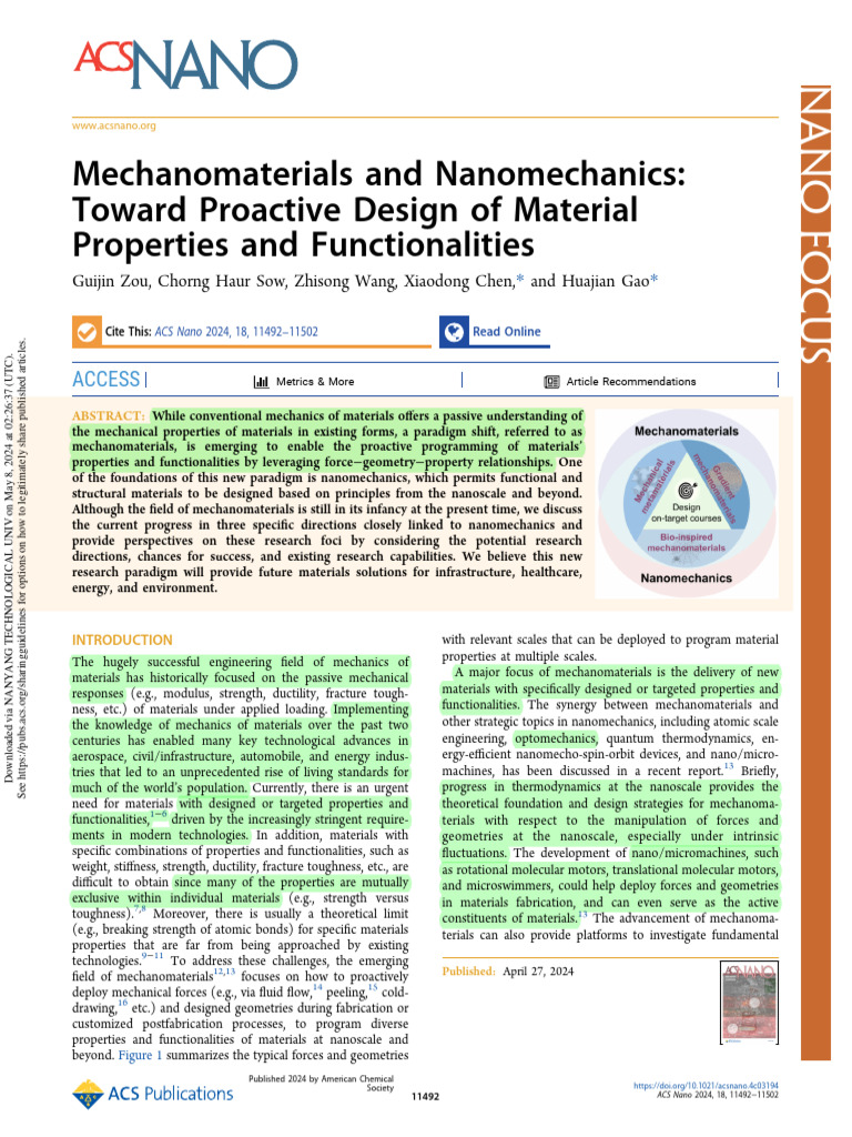 Mechanomaterials and Nanomechanics Toward Proactive Design of Material Properties and ...