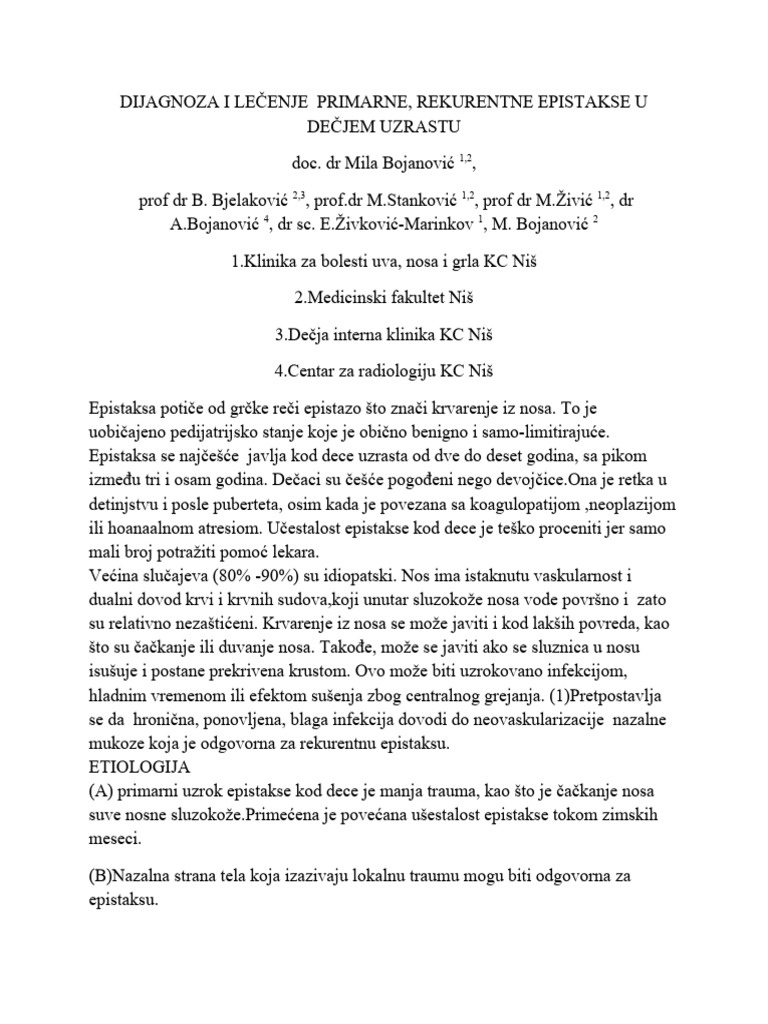 4 Dijagnoza I Lečenje Primarne, Rekurentne Epistakse Kod Dece 2017 Slušna Škola | PDF
