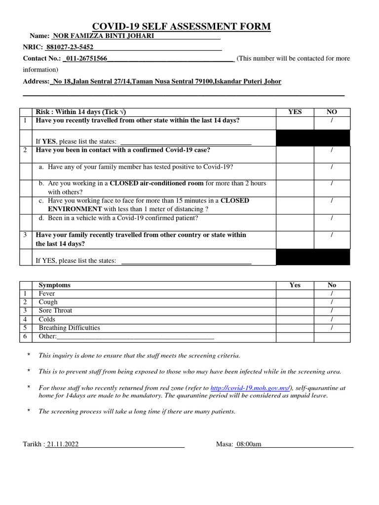 Borang Saringan Risiko Covid-Famizza | PDF | Immunology | Medicine