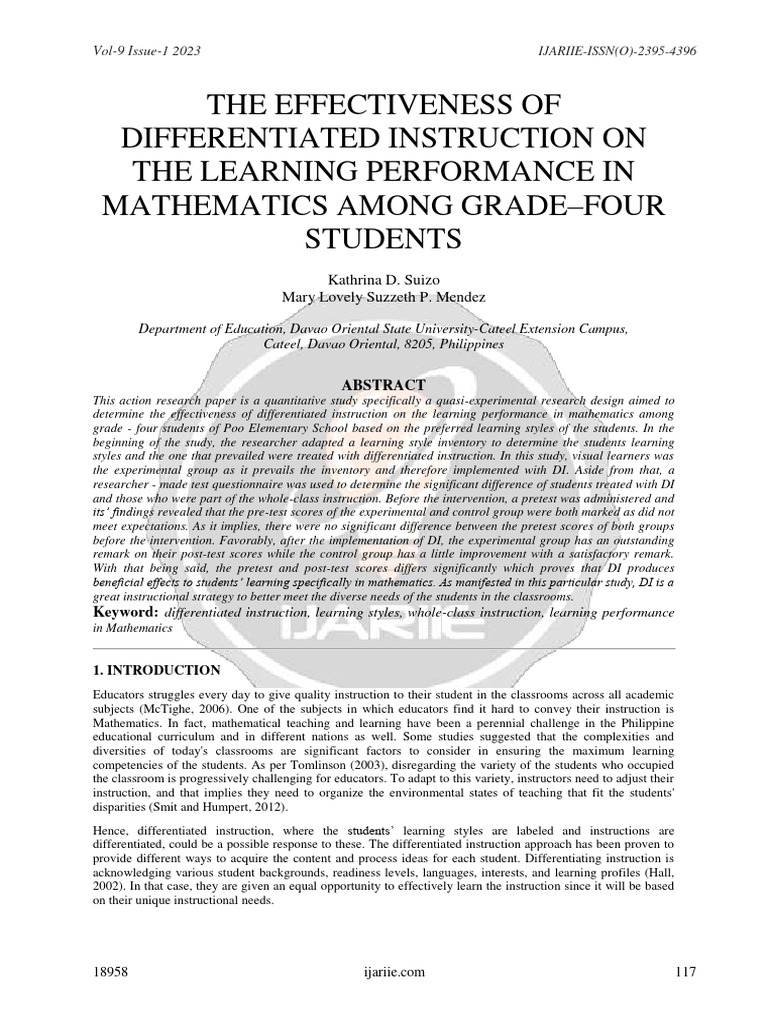 THE EFFECTIVENESS OF DIFFERENTIATED INSTRUCTION ON THE LEARNING PERFORMANCE IN MATHEMATICS AMONG ...