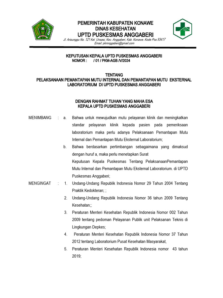 SK Pengendalian Mutu Internal Dan Ekternal Laboratorium | PDF