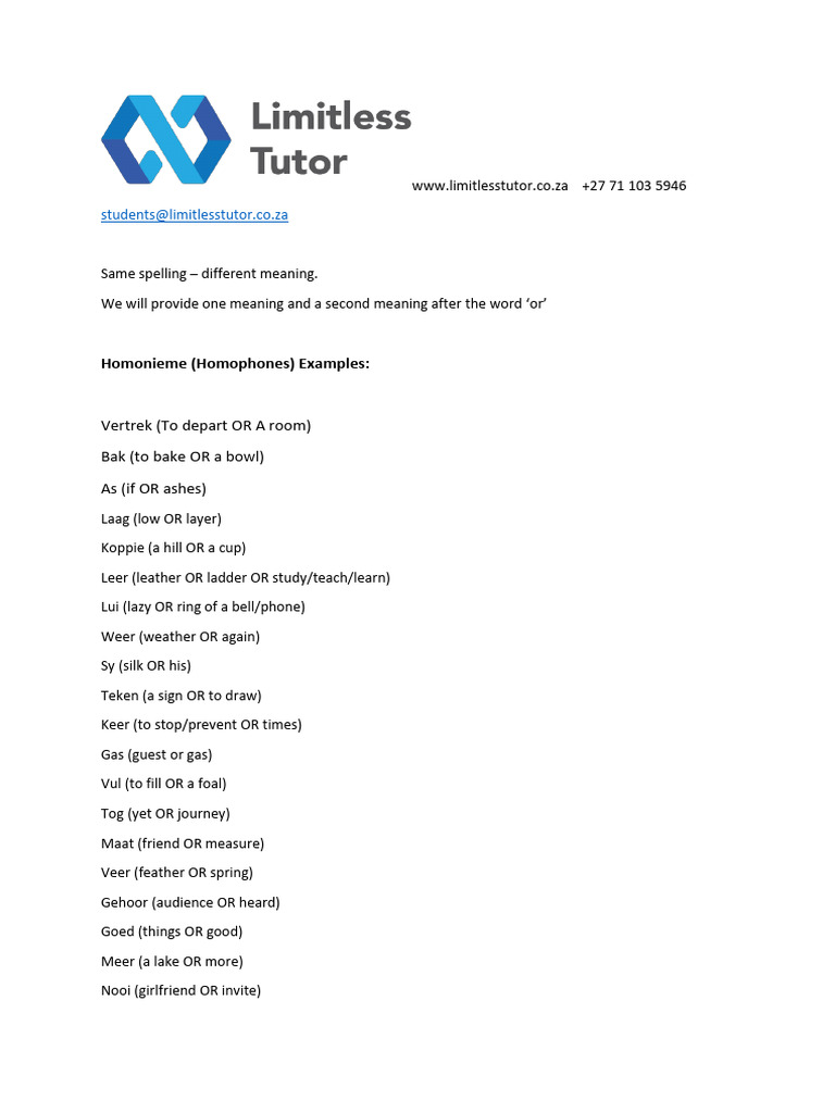 Homonieme (homonyms) Examples | PDF