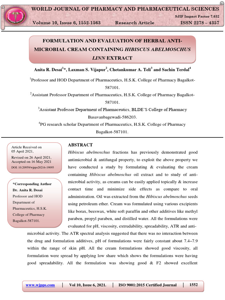 Formulation and Evaluation of Herbal Anti-Microbial Cream Containing ...