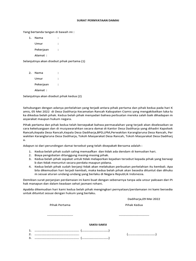 Surat Pernyataan Damai Perkelahian | PDF