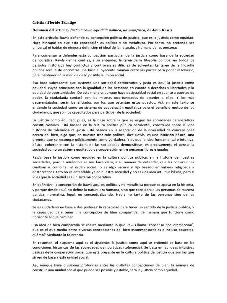resumen lectura RAWLS | PDF | John Rawls | Justicia