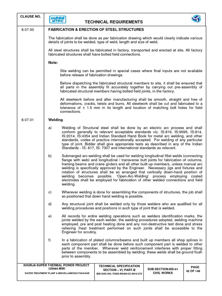 Technical Specifications - FABRICATION & ERECTION OF STEEL STRUCTURES ...