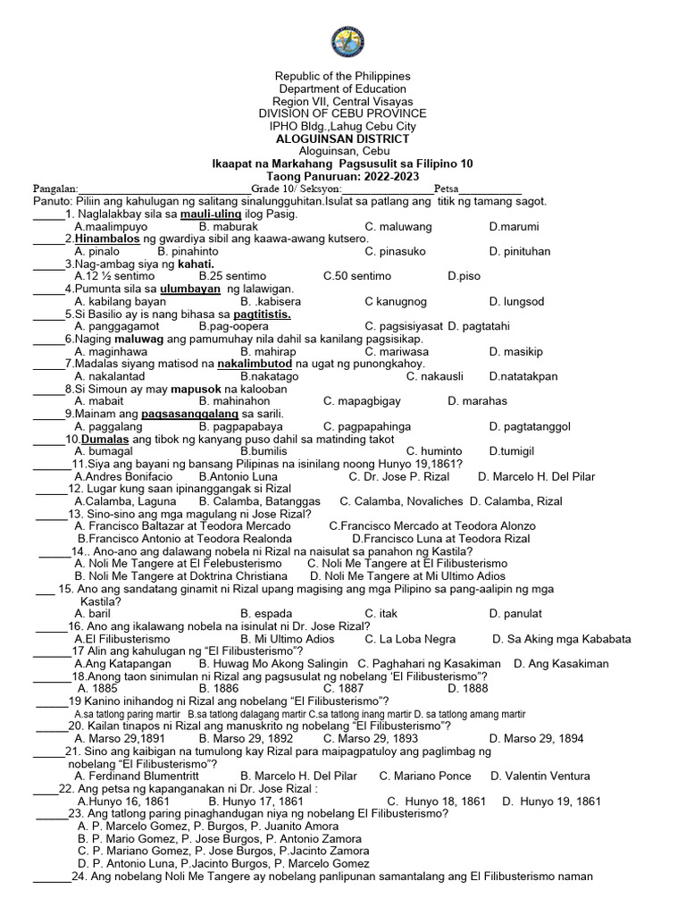 q4 Unified Test Filipino 10 | PDF