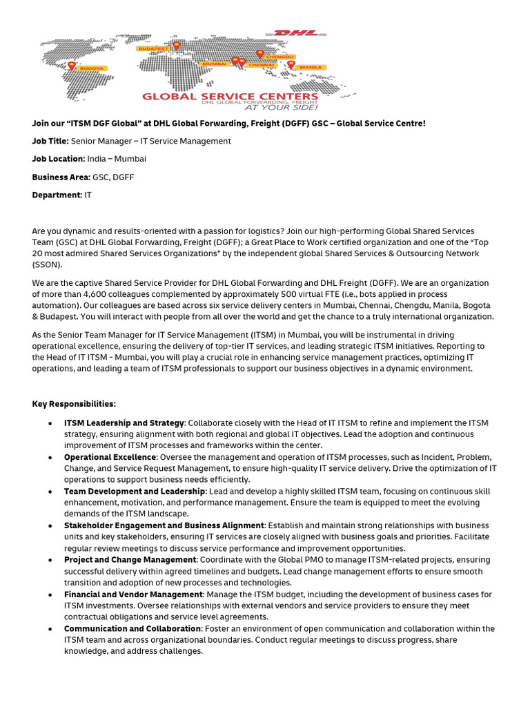 JD - Senior Manager - IT Service Management - DHL Global Forwarding ...