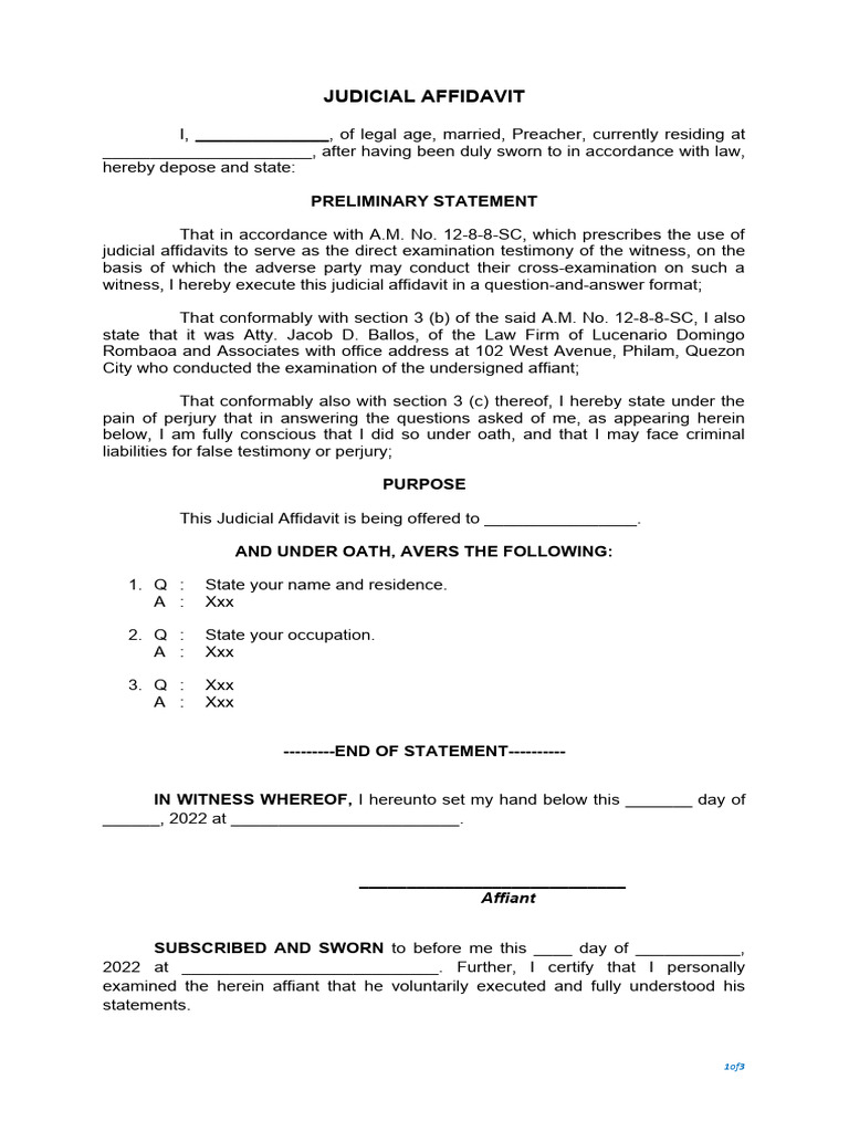 Judicial Affidavit Blank | PDF | Affidavit | Judiciaries