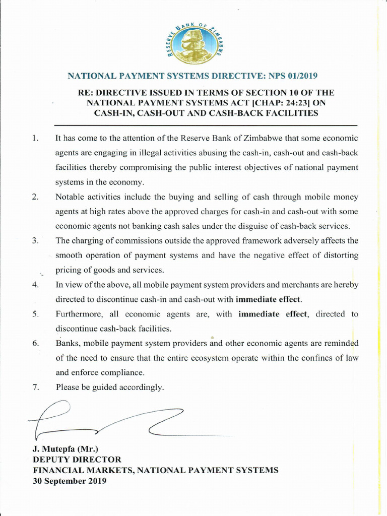 NATIONAL PAYMENT SYSTEMS DIRECTIVE - NPS 01 of 2019 | PDF