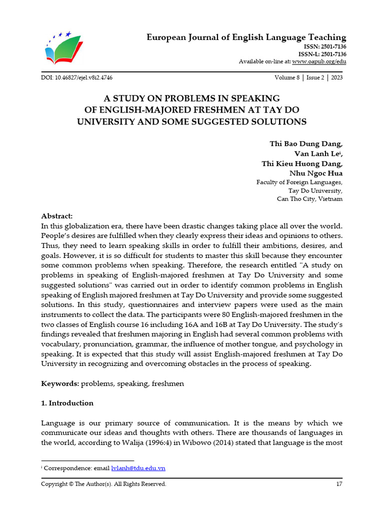 A Study On Problems in Speaking of English-Majored | PDF | Shyness ...