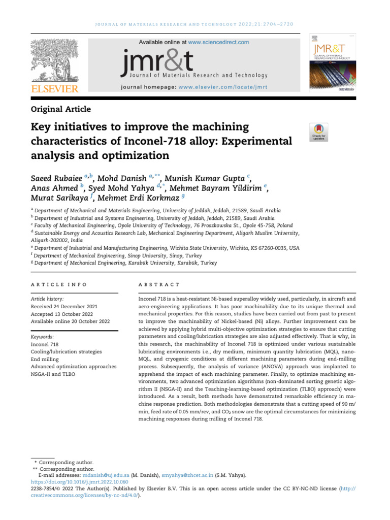 Key Initiatives To Improve The Machining Characteristics of Inconel-718 Alloy: Experimental ...