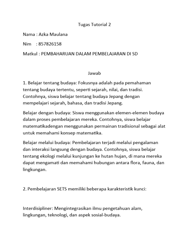 Tugas Tutorial 2 PEMBAHARUAN DALAM PEMBELAJARAN DI SD | PDF | Karier & Perkembangan | Ilmu Sosial