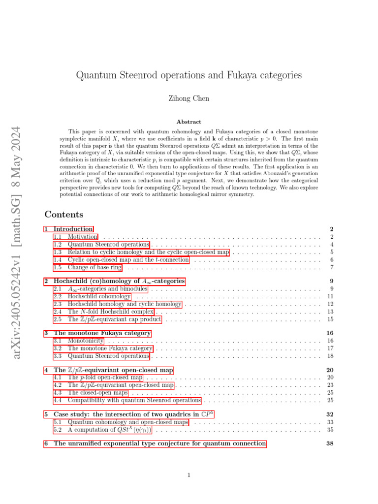 Quantum Steenrod Operations and Fukaya Categories: Zihong Chen | PDF ...