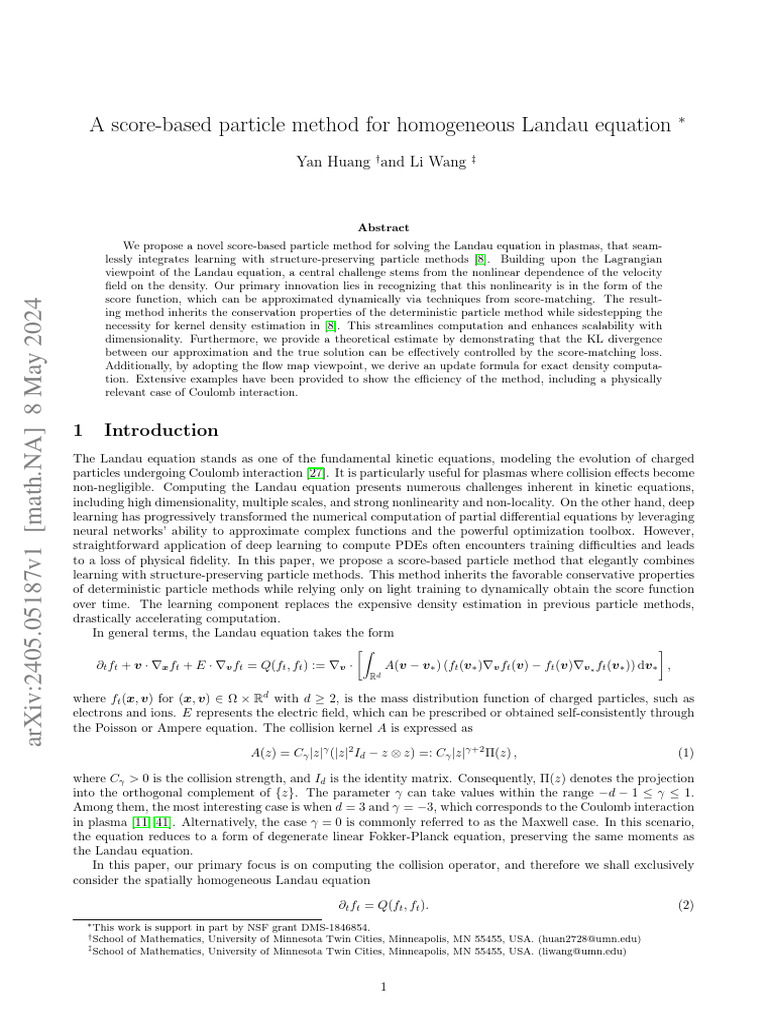 A Score-Based Particle Method For Homogeneous Landau Equation | PDF | Nonlinear System | Equations