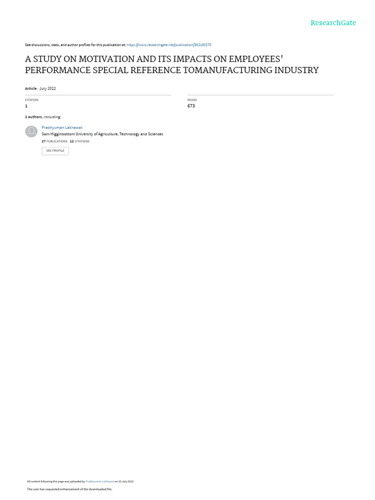 A Study On Motivation and Its Impacts On Employees' Performance Special Reference ...