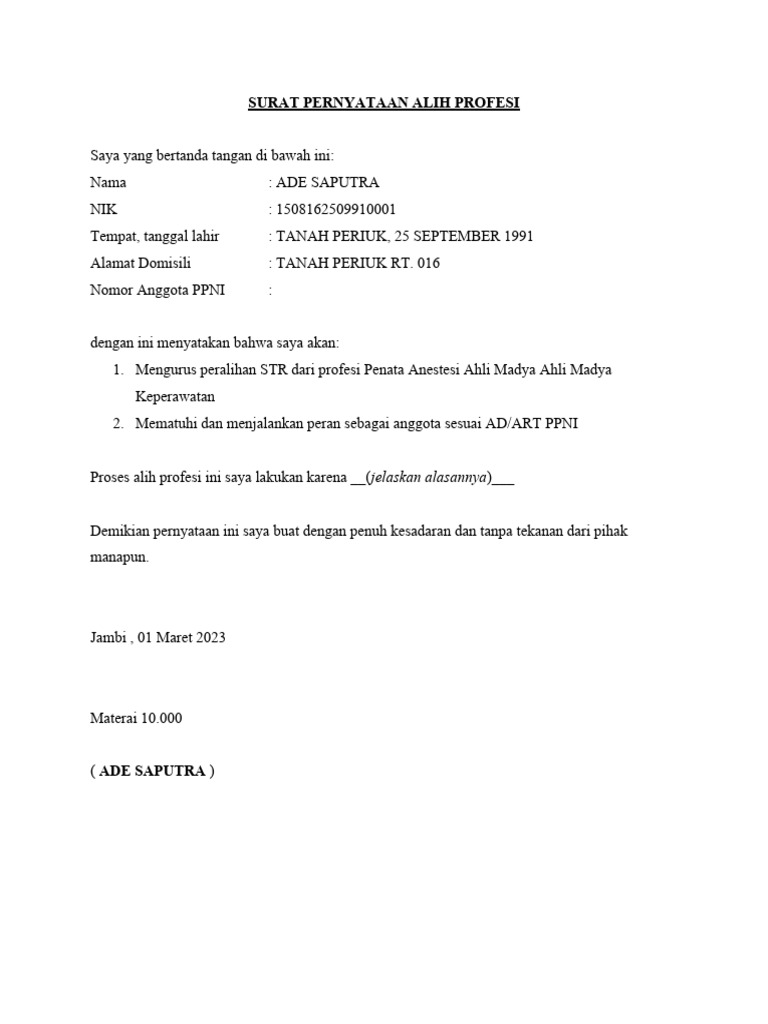 Template Surat Pernyataan Alih Profesi 2023 | PDF