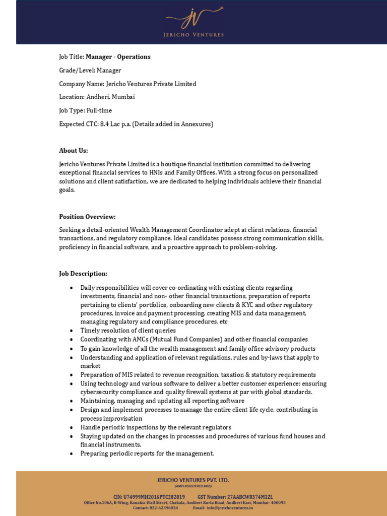 Operations Manager Position at Jericho Ventures | PDF | Regulatory ...