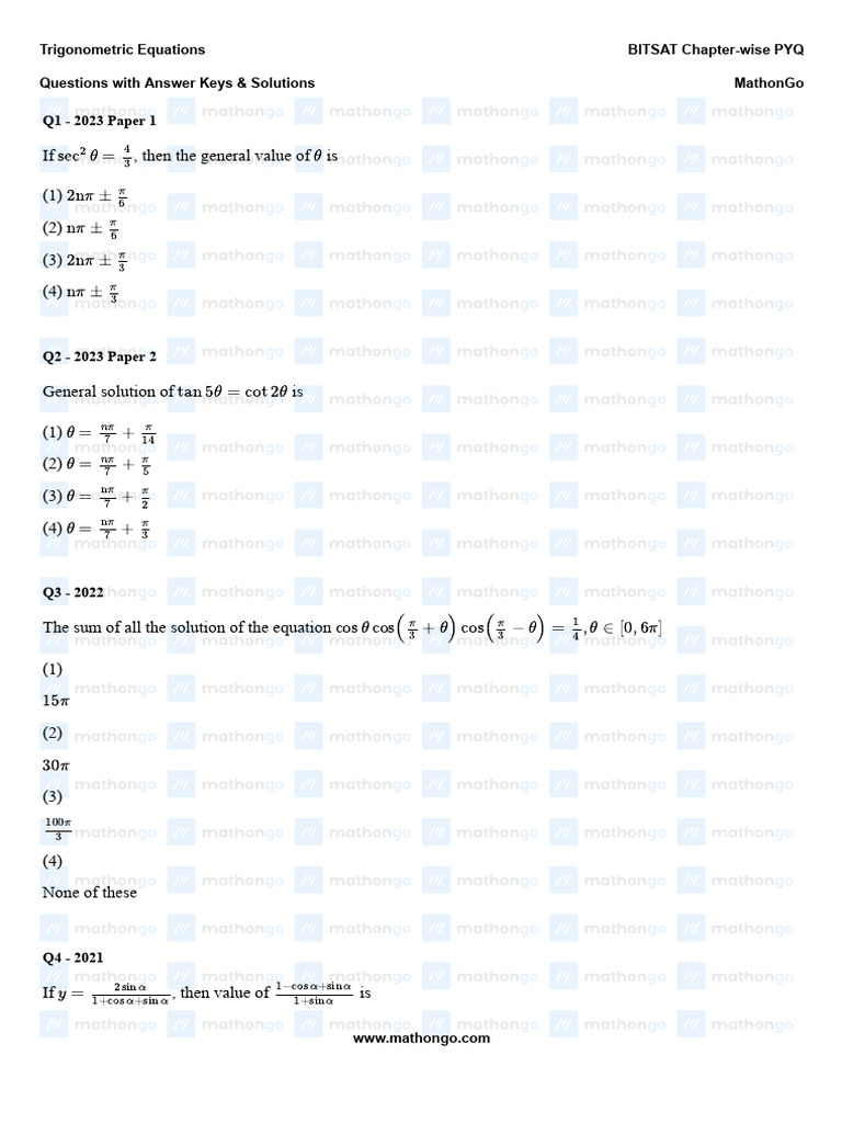 PYQ - Trigonometric Equations | PDF | Trigonometric Functions | Equations