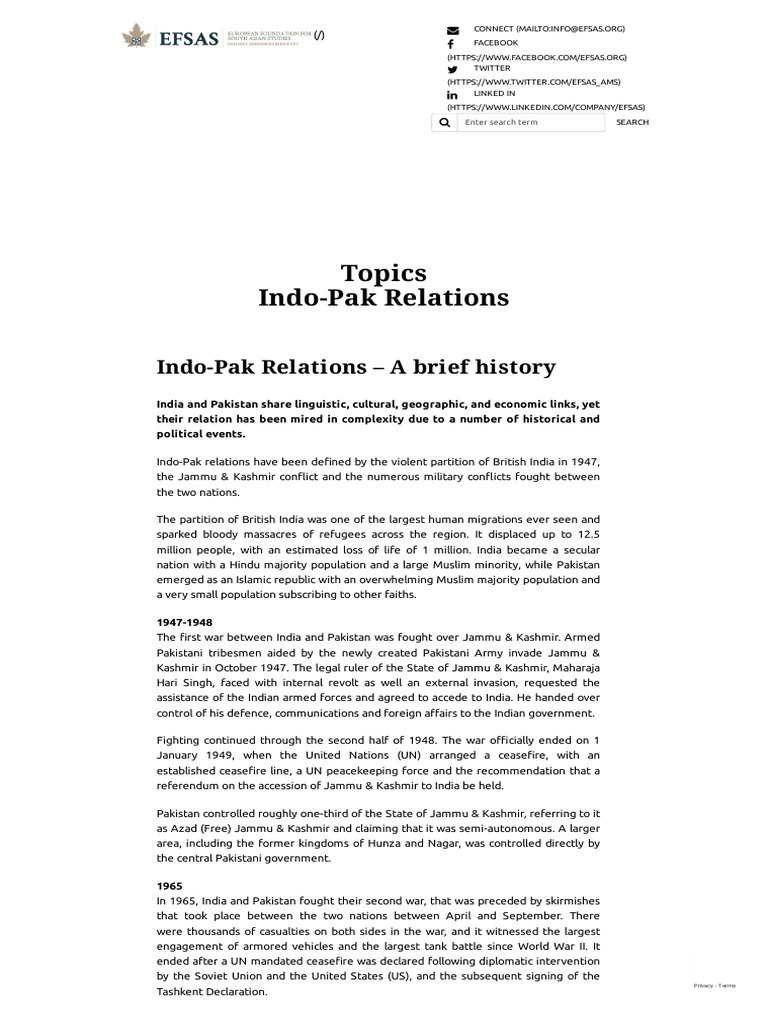 Indo-Pak Relations - EFSAS | PDF | India–Pakistan Relations | Pakistan