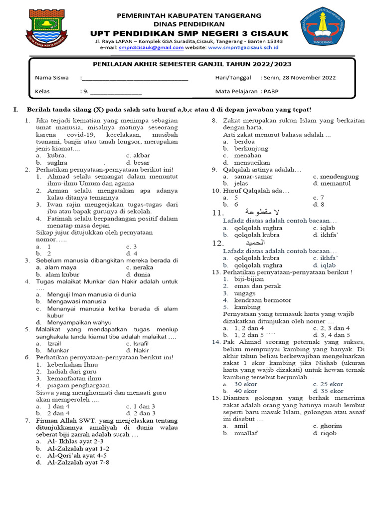 Soal PAS Ganjil PAI Kls 9 2022 New | PDF
