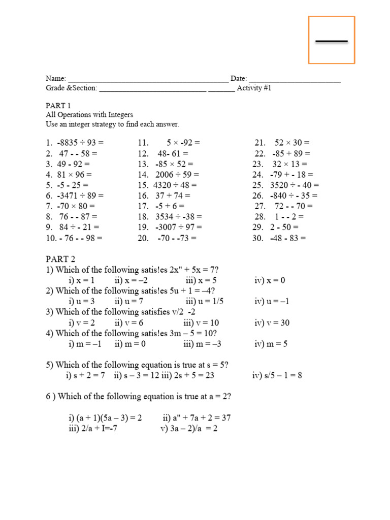 Integer Operations and Equations Worksheet | PDF