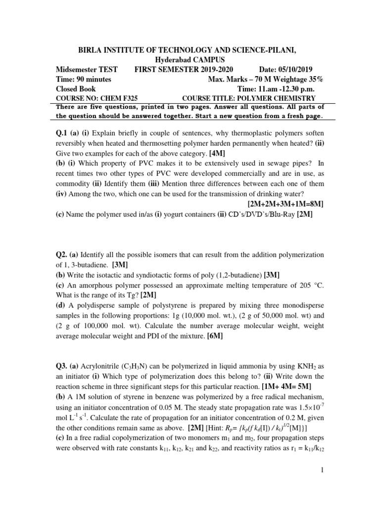 Print Final - 05-10-19 - Mid Sem Test - CHEM F325 | PDF | Poly(Methyl ...