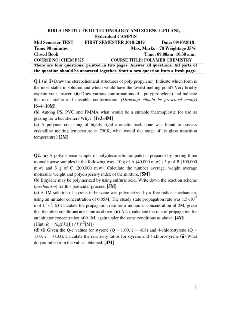 Mid-Sem 2018 | PDF | Polymers | Polymerization