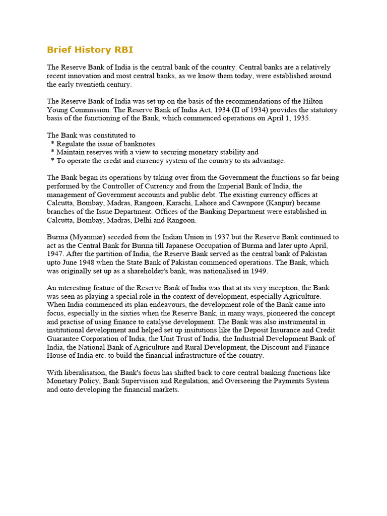 Brief History RBI | PDF | Reserve Bank Of India | Banks