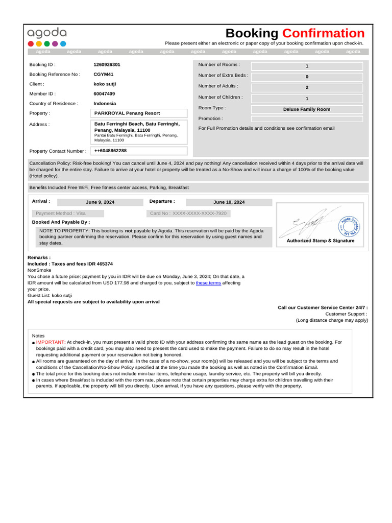 Confirmation For Booking ID # 1260926301 | PDF | Payments