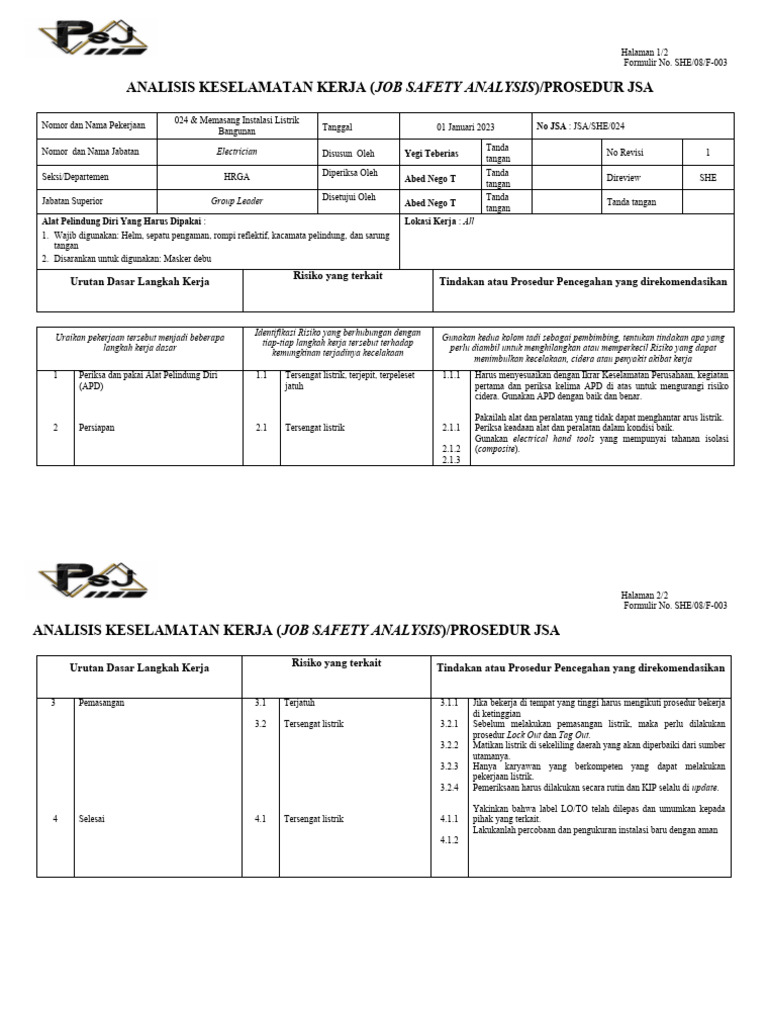 24. JSA Memasang Instalasi Listrik Bangunan | PDF 24. JSA Memasang Instalasi Listrik Bangunan | PDF