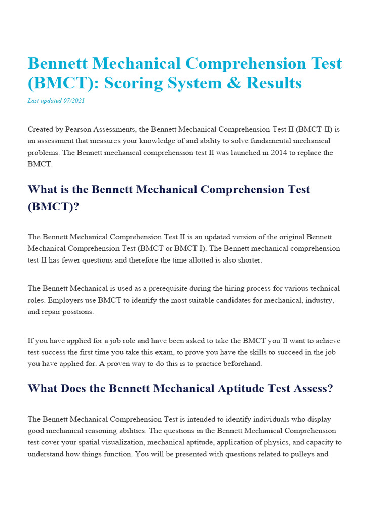Bennett Mechanical Comprehension Test Scoring Results | PDF | Reading ...