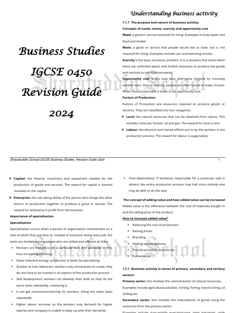 Revision Guide Business Studies IGCSE 0450 2024 | PDF ...