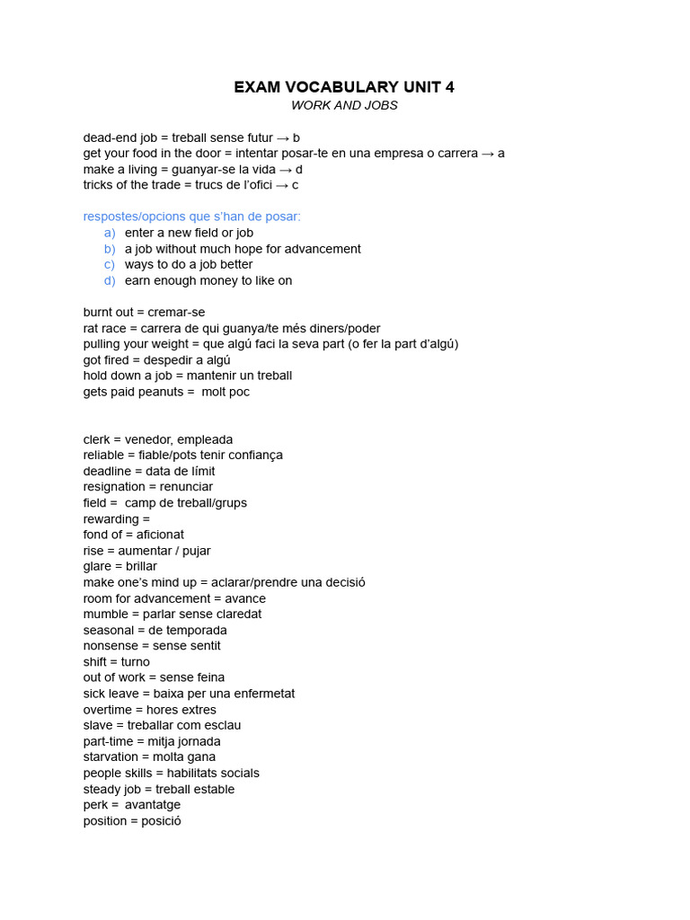 EXAM VOCABULARY UNIT 4 | PDF