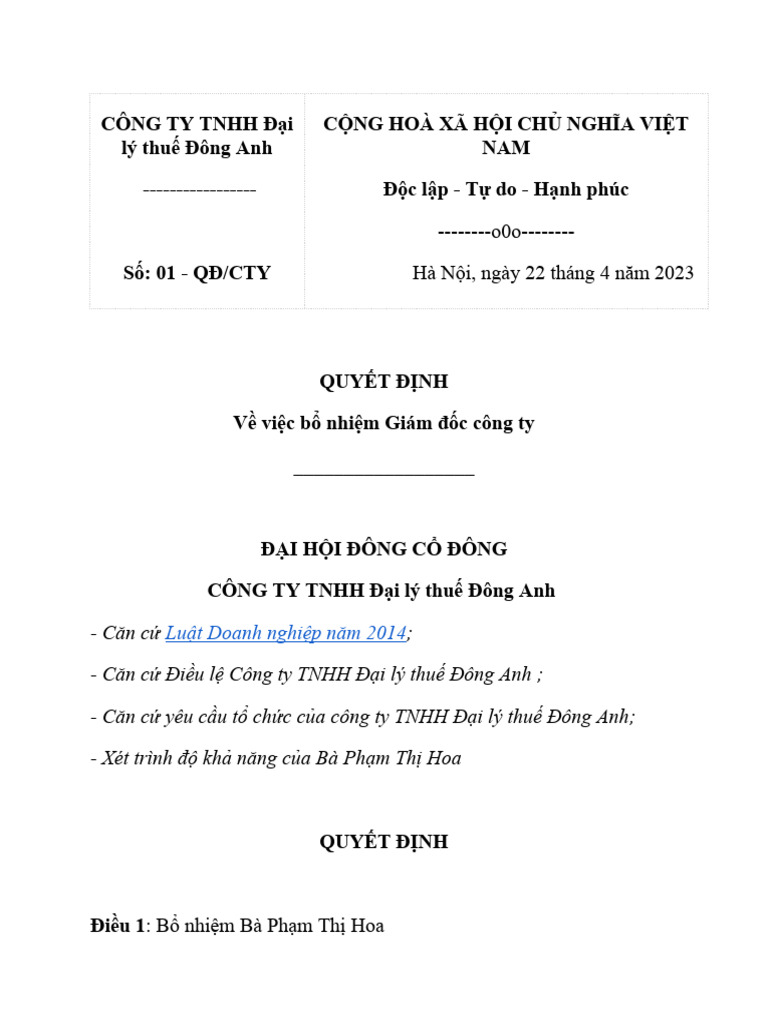 Mau Quyet Dinh Bo Nhiem Giam Doc Dieu Hanhcong Ty Co Phan | PDF