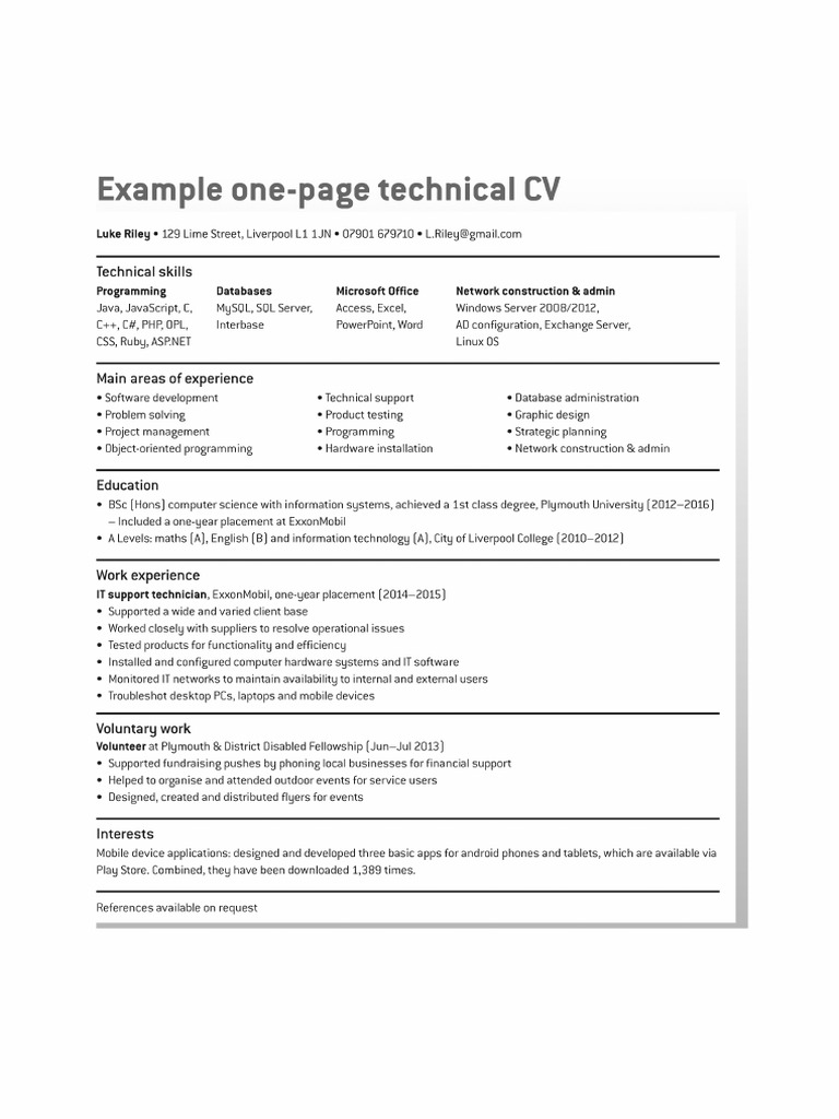 Example One Page Technical CV - 0 | PDF