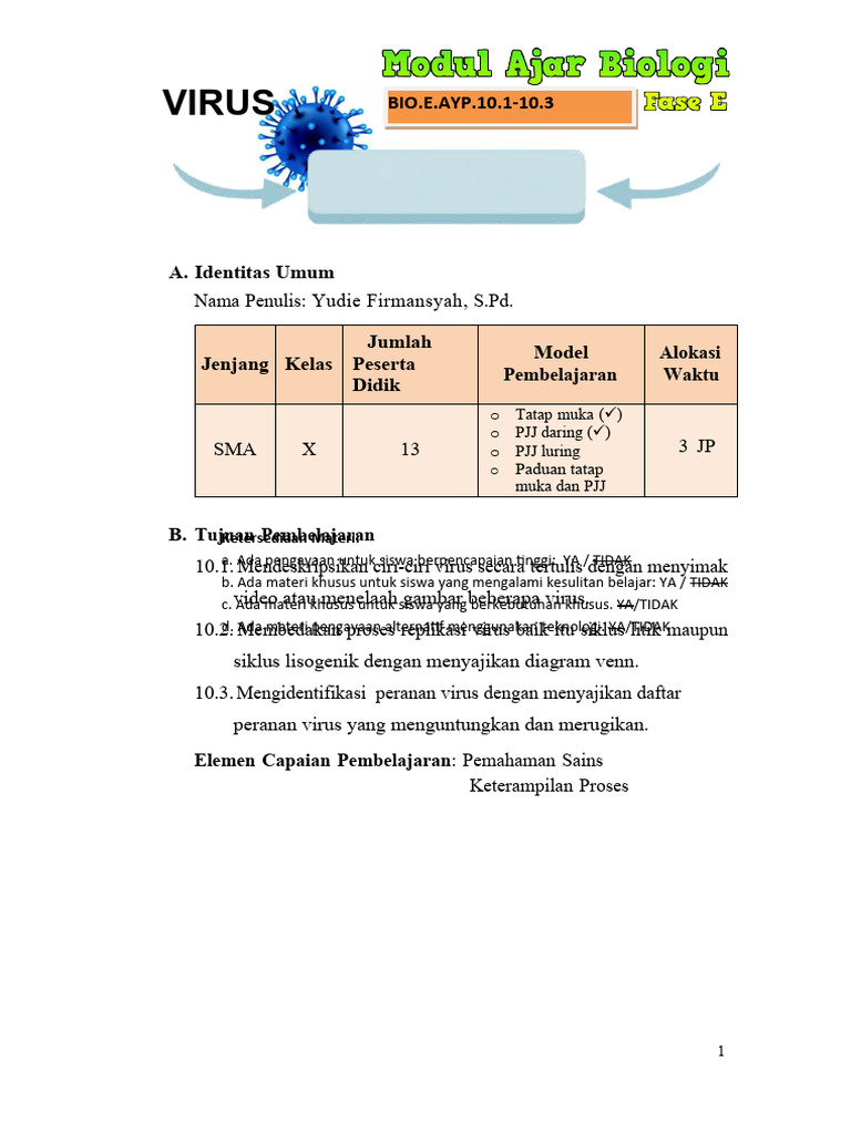 Modul Ajar Biologi Virus | PDF