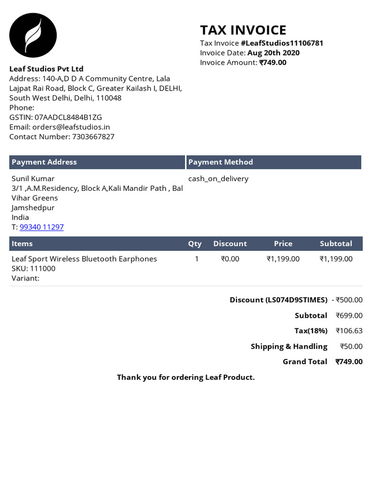 Leaf Studios Invoice for Earphones | PDF