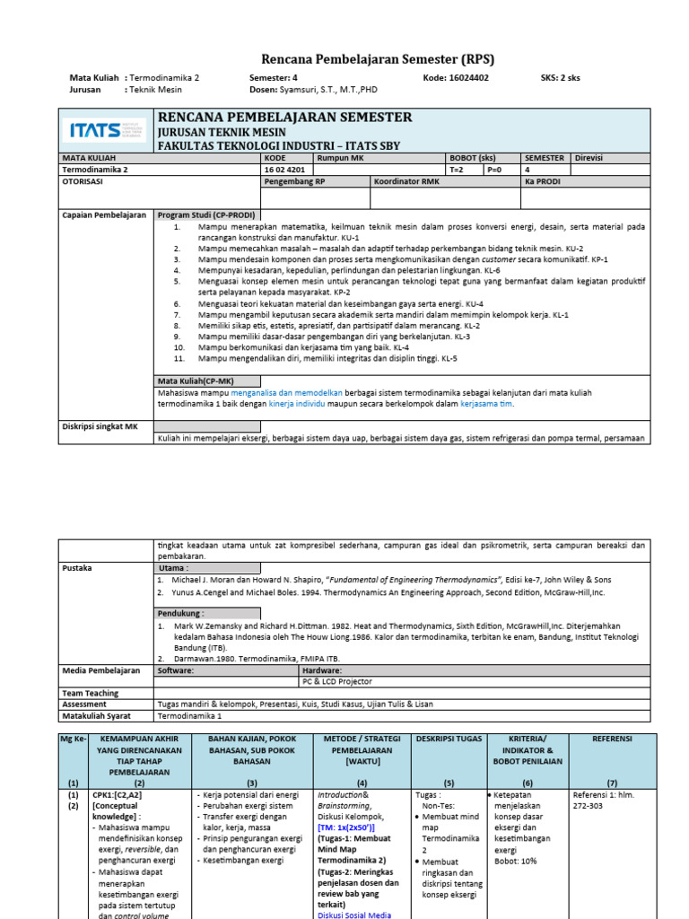 RPS Termodinamika 2 Teknik Mesin | PDF