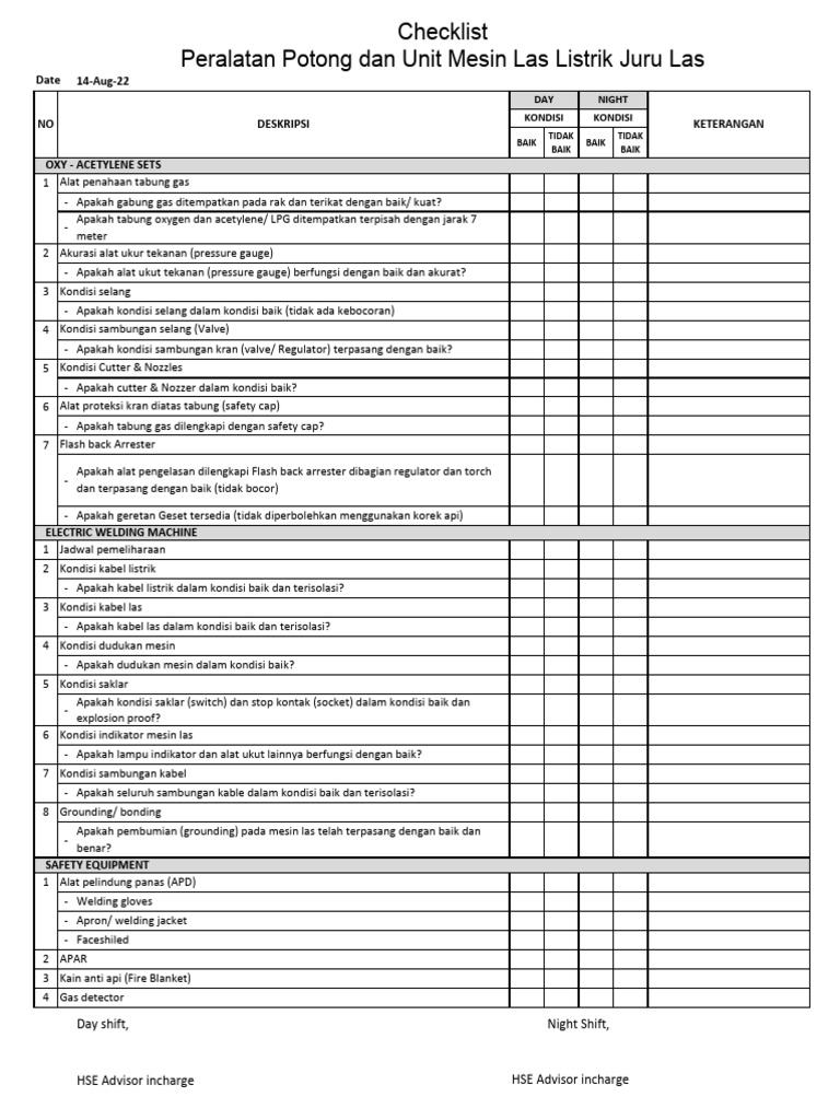 Checklist Peralatan Potong Dan Unit Mesin Las Listrik Juru Las | PDF