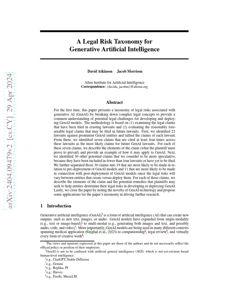 [2024] a Legal Risk Taxonomy for Generative Artificial Intelligence | PDF | Secondary Liability ...