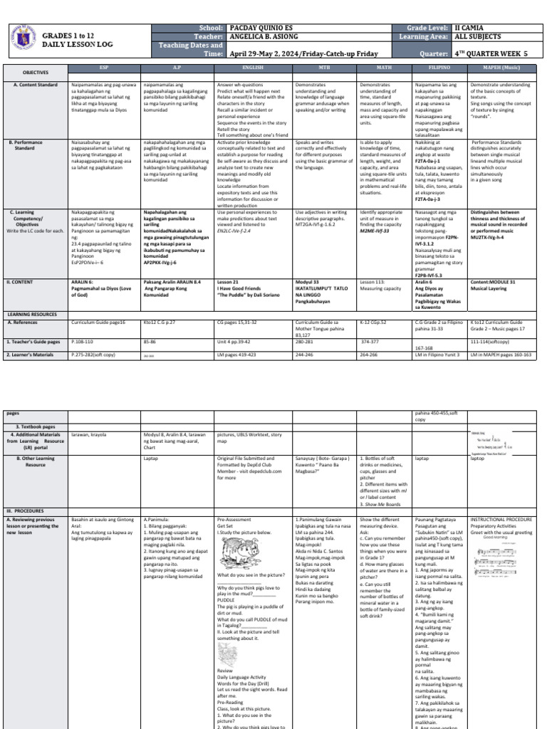 DLL - All Subjects 2 - Q4 - W6 - D1 | PDF
