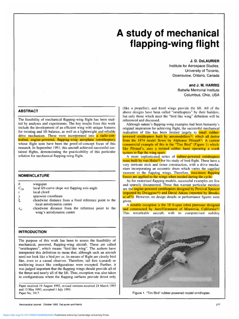 1 Delaurier A Study of Mechanical Flapping Wing Flight | PDF | Aerospace | Mechanical Engineering
